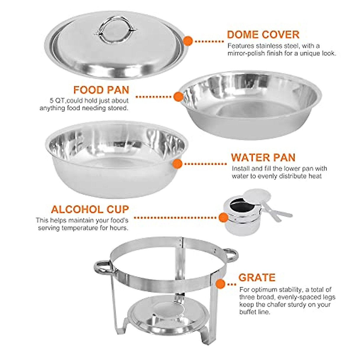 SUPER DEAL Upgraded 5 Qt Full Size Stainless Steel Chafing Dish Round Chafer Buffet Catering Warmer Set w/Food and Water Pan, Lid, Solid Stand and Fuel Holder