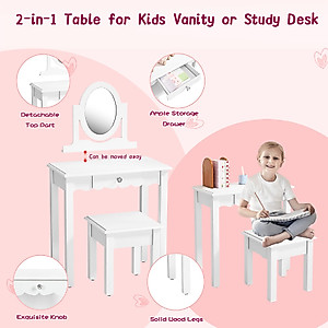 Kids Vanity - Little Girls Vanity Set with Mirror and Stool, Wooden 2 in 1 Toddler Vanity Makeup Desk Dressing Table with Detachable Top & Drawer, Princess Vanity Dresser Set for Little Girls, White