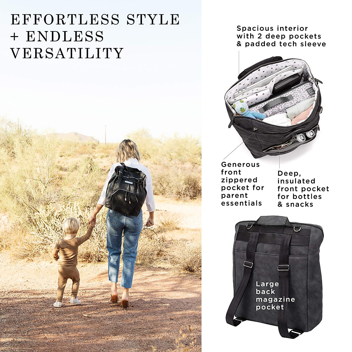 Petunia Pickle Bottom Cinch Convertible Diaper Bag Backpack for Busy Parents, Stylish, Spacious, & Secure, Fits All Essentials for Everyday Use or Travel (Midnight Leatherette)