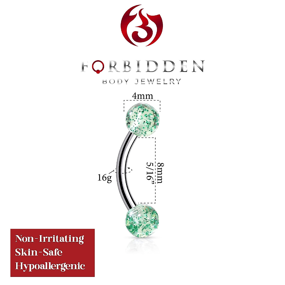 Forbidden Body Jewelry 16g 8mm Daith Earring, Eyebrow Ring and Rook Piercing, Surgical Steel, Green Glitter End Balls