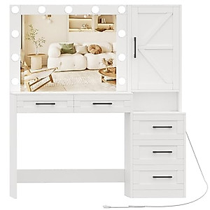 Irontar Makeup Vanity Desk with Charging Station, Farmhouse Makeup Desk with Lights Mirror and Drawers, Vanity Table with Side Cabinet, Dressing Table for Women, White WDT008W
