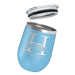 Personalized 12oz (17 Colors) Powder Coated Stainless Steel Stemless Wine Tumbler with Lid, Custom Etched, Customized Gift for Women Her, Wine Lover, Halpert Monogram Initial Name (Light Blue)