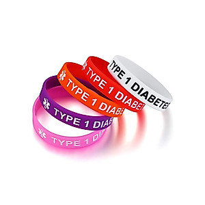 VNOX 5Pcs a Set Silicone Type 1 2 Diabetes Medical Alert ID Bangle Bracelet,7.5" (Style 3-Type 1 Diabetes)