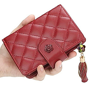 Women Bifold Leather Wallet Nlocking Ladies With Card Holder Window Coin Purse (Red)