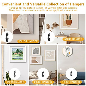 220 Pcs Picture Hangers, 5 Sizes Picture Hanging Kit,10lb, 20lb, 30lb, 50lb,100lb Picture Hanging Hooks, Picture Frame Hangers, Picture Hooks, Frame Hanger Kit for Picture, Canvas, Mirror (Black)