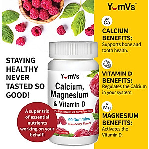 Yum-V Calcium, Magnesium, Vitamin D3 Gummies (90 Count) Vitamin Gummies for Women, Men & Kids - Calcium Supplement for Strong Bone Health - Gummy Vitamin D Calcium Chews - Certified Kosher - Pack Of 2