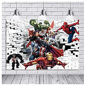 Superman Theme Photography Backdrop 5x3ft Super City Spiderman White Brick Wall Photo Background for Superhero Spiderman Kids Birthday Party Cake Tale Decor Banner Studio Booth Props