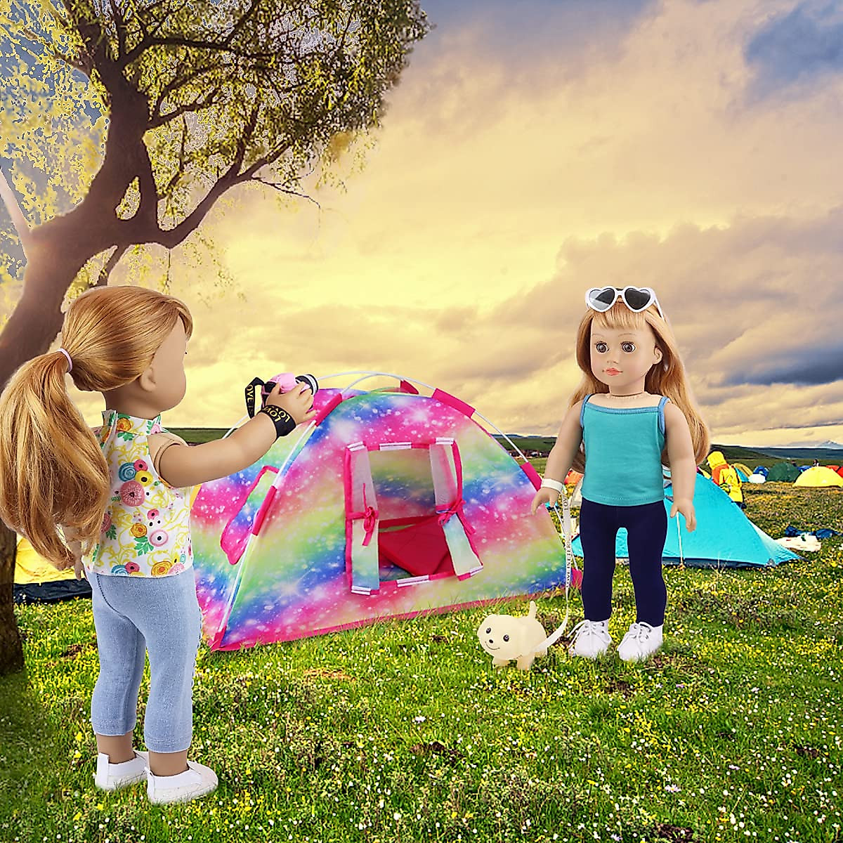 ZITA ELEMENT 7 Items Fashion Doll Camping Tent Set for 18 Inch Girl Doll Accessories - Including 18 Inch Doll Camping Tent, Sleeping Bag, Clothes Set, Shoes, Camera, EYE Glasses and Toy Dog