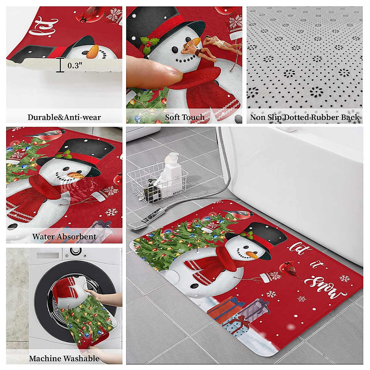 Teather Snowman Cardinal Birds Red Christmas Bath Rugs Snowflake Xmas Tree Sponge Doormat Absorbent Non Slip Backing Durable Soft Flannel Memory Foam Mats Carpet for Bathroom Kitchen, 20x31.5 inches