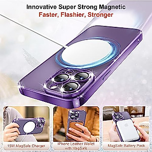 ICREEFUN for iPhone 14 Pro Max Case Clear with MagSafe Full Protection Case Compatible with Camera Lens Protector Elegant Anti-Scratch Case Cover 6.7 Inch - Deep Purple