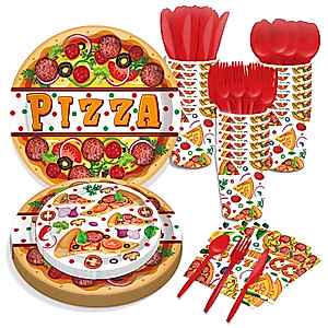 CC HOME Pizza Party Themed Party Supplies Pack Pizza Party Decorations Party Pack- Serves 16 - Includes Pizza Party Plates Cups Napkins