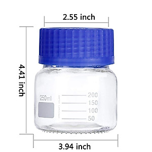 Paalee 6 Pack Graduated Round Reagent Bottle Set, Wide Mouth Borosilicate Glass Lab Media Storage with GL80 Blue Polypropylene Screw Caps, Leakproof and Autoclavable (250ml)