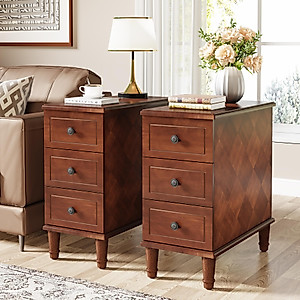 Tribesigns Solid Wood End Table, Fully Assembled Narrow Side Table with Drawers, Pre-Assembled Nightstand Slim Bedside Table for Small Spaces, Living Room, Bedroom, Brown, 2 Pcs