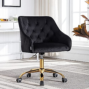 Recaceik Modern Velvet Home Office Chair, Adjustable Leisure Swivel Desk Chairs with High Back 360 Degree Castor Gold Wheels for Living Room/Bedroom/Office