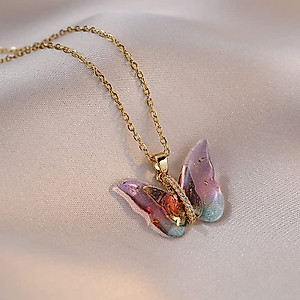 HOLINSE Butterfly Necklace for Women - Fairy Cubic Zirconia Butterfly Pendant Necklaces Titanium Steel (Gold Pink)
