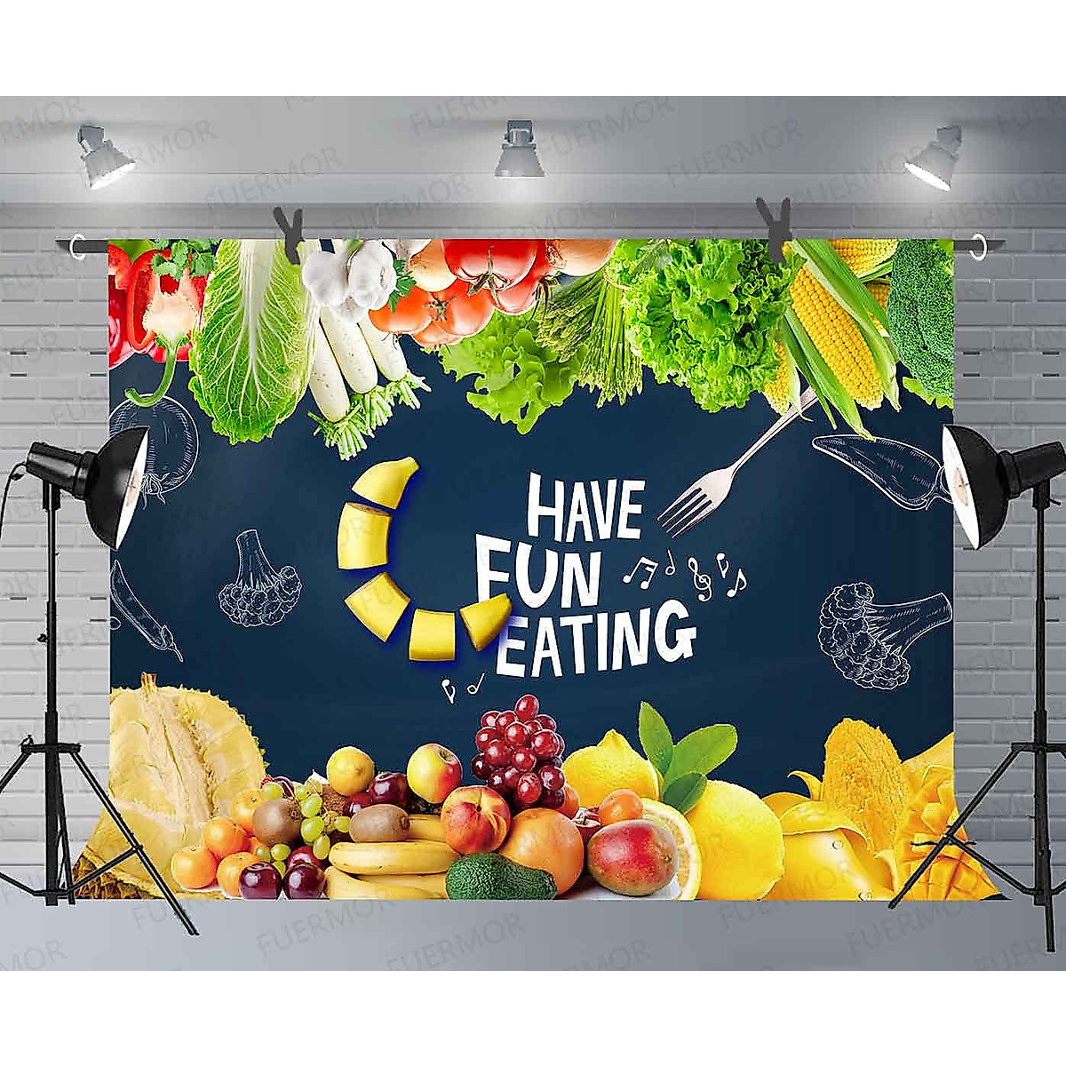 FUERMOR 7x5ft Fruit and Vegetable Theme Backdrop Have Fun Eating Family Gathering Party Decoration Banner Backdrops for Photography BJCJFU22