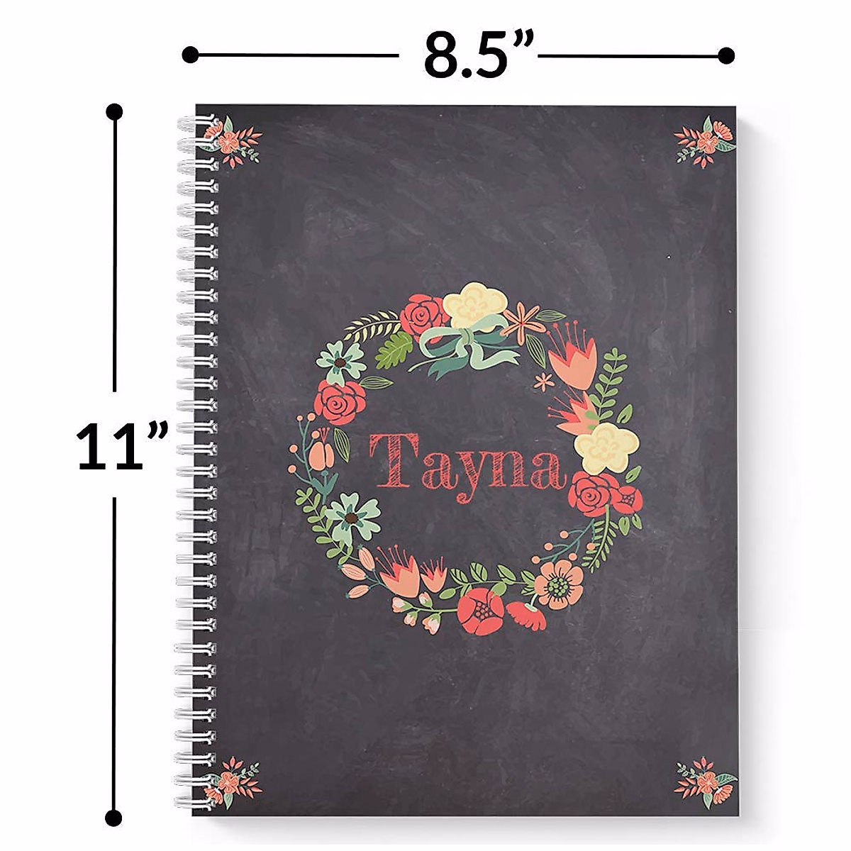 Floral Wreath Personalized Monthly and Weekly HARDCOVER Planner and Organizer, 1 full year, DATED or UNDATED OPTION, 8.5" x 11", lay flat wire-o spiral binding