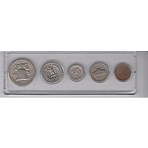 1953 BIRTH YEAR COIN SET-5 COINS TOTAL-SILVER HALF DOLLAR, SILVER QUARTER,SILVER DIME, NICKEL, AND CENT -ALL DATED 1953, AND DISPLAYED IN A PLASTIC HOLDER--NOTE--THESE COINS WILL BE AS GOOD OR BETTER THEN THE PICTURE--NOTHING LESS