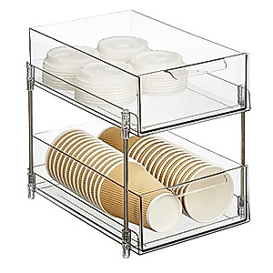Nate Home by Nate Berkus 2-Tier Sliding Plastic Pull-Out Drawer Organizer, Removable Drawers - Kitchen Cabinet Organizer and Pantry Storage from mDesign, Clear/Polished Stainless Steel