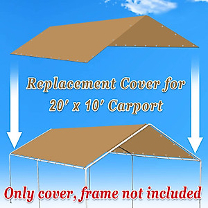 Strong Camel Outdoor 10x20 Ft Replacement Canopy Roof Cover Valanced Carport Covers with Ball Bungee(Without Edge 10'x20', Tan)