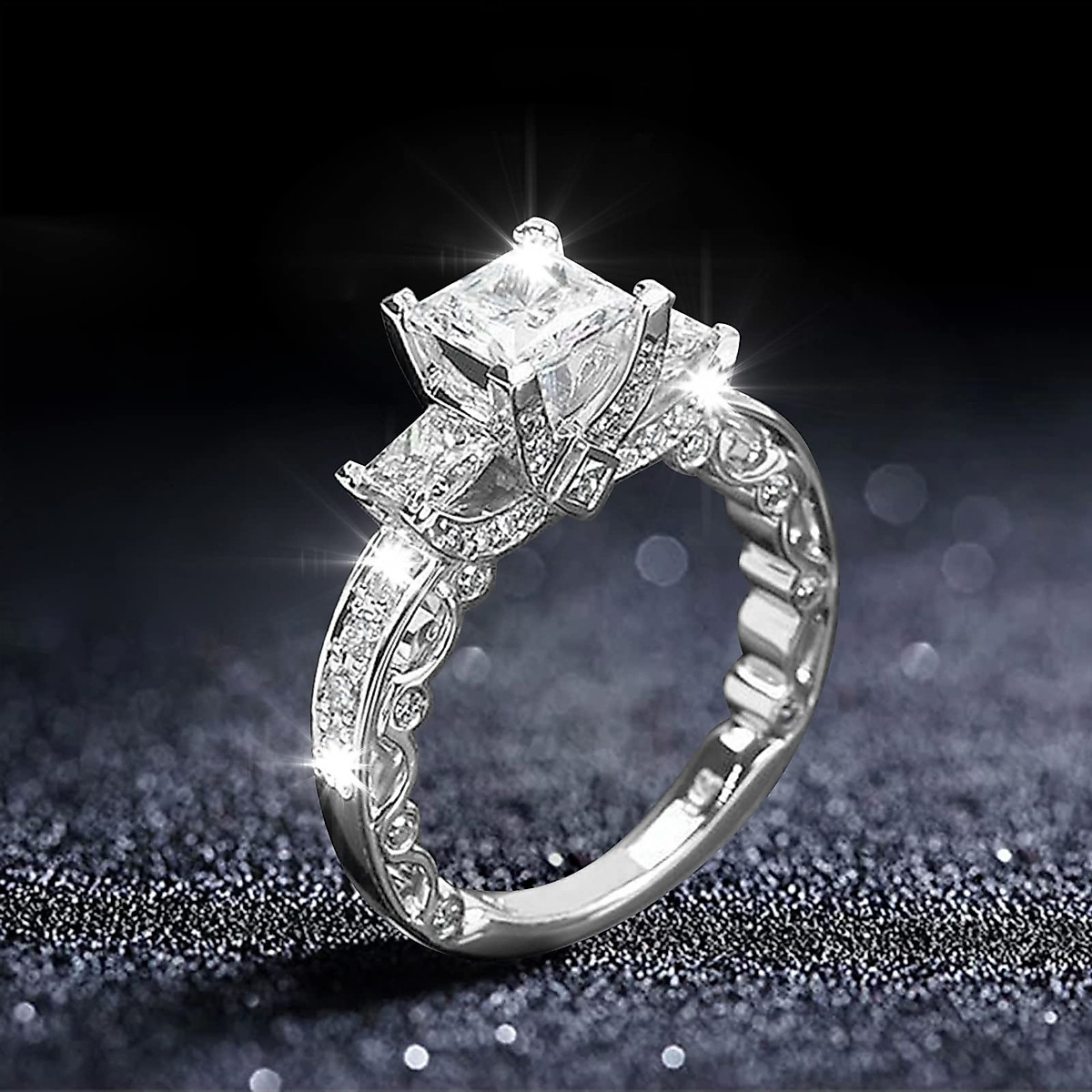 Cushion Cut Simulated Diamond Ring for Women Zircon Ring Engagement Wedding Band CZ (Silver, 11)