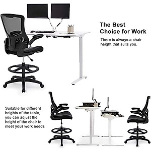 Drafting Chair Ergonomic Tall Office Chair Standing Desk Chair with Flip Up Arms Foot Rest Back Support Adjustable Height Mesh Drafting Stool, Black
