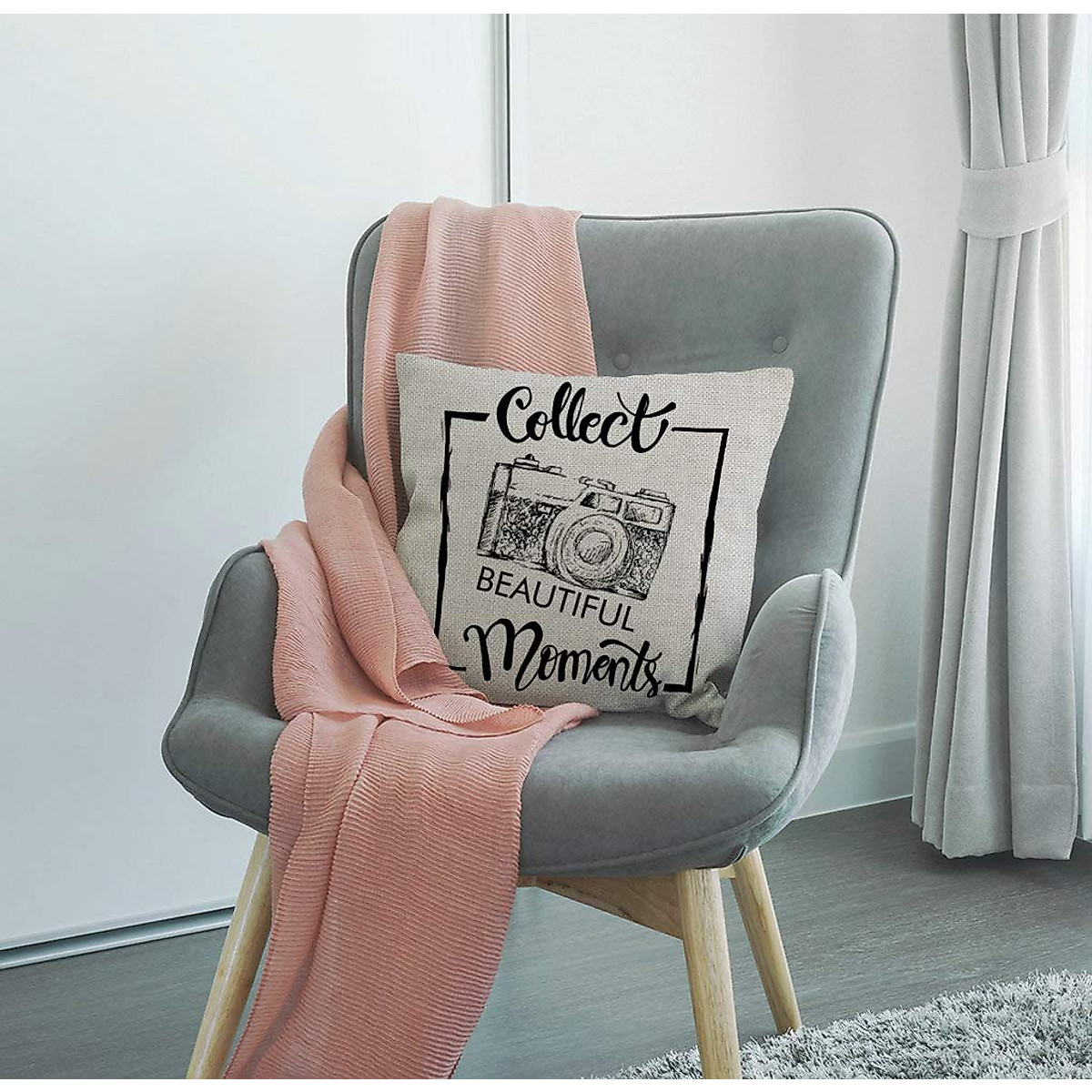 SSOIU Motivational Quote Throw Pillow Cover, Collect Beautiful Moments with Retro Camera Decorative Throw Pillow Covers Cotton Linen Pillow Cases 18“ x 18” for Home Decor