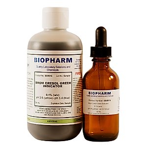 Bromocresol Green Indicator 0.1% w/v Aqueous Solution — 250 mL (8.4 fl oz) — Includes a 50 mL Empty Dropper Bottle and Dispensing Cap — pH 3.8 (Yellow) - pH 5.4 (Blue)