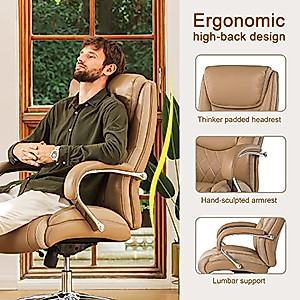 Elm Plus Big and Tall Executive Office High-Back Computer Desk Swivel Adjustable Air PU Leather Ergonomic Chair with Lumbar Support, 400-Pound Capacity, Camel