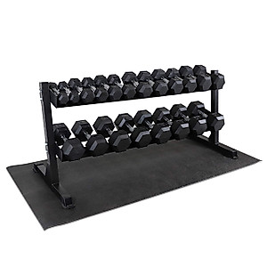 WF Athletic Supply Rubber Coated Hex Dumbbell Set, Multiple Choices Available - Dumbbells with Rack Stand and Mat, or Dumbbells Only (200/550/1200/2100/3000 LB) (d. 5-50LB w/ 2-tier Rack and Mat)
