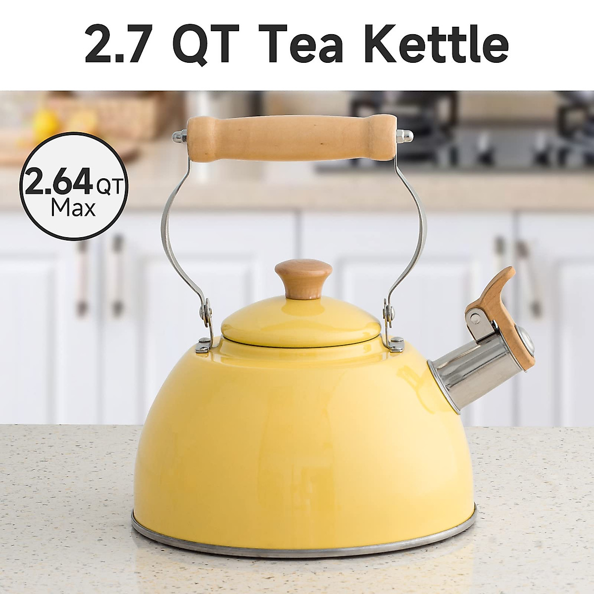 ROCKURWOK Tea Kettle, Tea Pot with Cool Touch Ergonomic Handle, Teapot Food Grade Stainless Steel, Tea Kettle Stovetop, Kettle Teapot, Whistling Tea Kettle, Tea Kettle Pot, 2.7 Quart (Yellow)