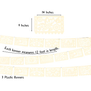 Ivory Papel Picado Banners (Plastic) Fiesta Decorations for Weddings, Bridal Shower, Engagement, Birthday, Baby Shower, Mexican Party Banner, Garland, Bunting, Streamer 3 Pack