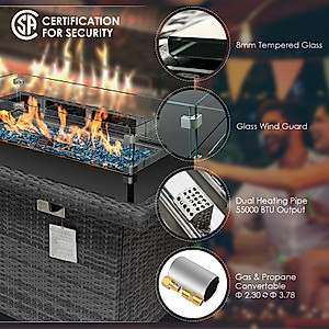 RADIATA PE Wicker Patio Furniture Set Sectional High Back Large Size Sofa Sets with Propane Fire Pit Table 55000 BTU Balcony Rattan Lounge Conversation Sets for Outdoor (17 Pieces,Light Gray)