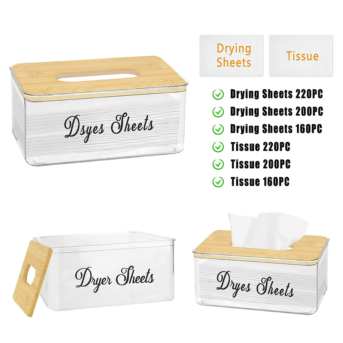 Chris.W Bamboo Dryer Sheet Holder Dispenser, Clear Fabric Softener Sheets Holder, Clear Washer Dryer Sheets Container Storage Box with Lid for Laundry Room Decor & Organization, Large Capacity Storage