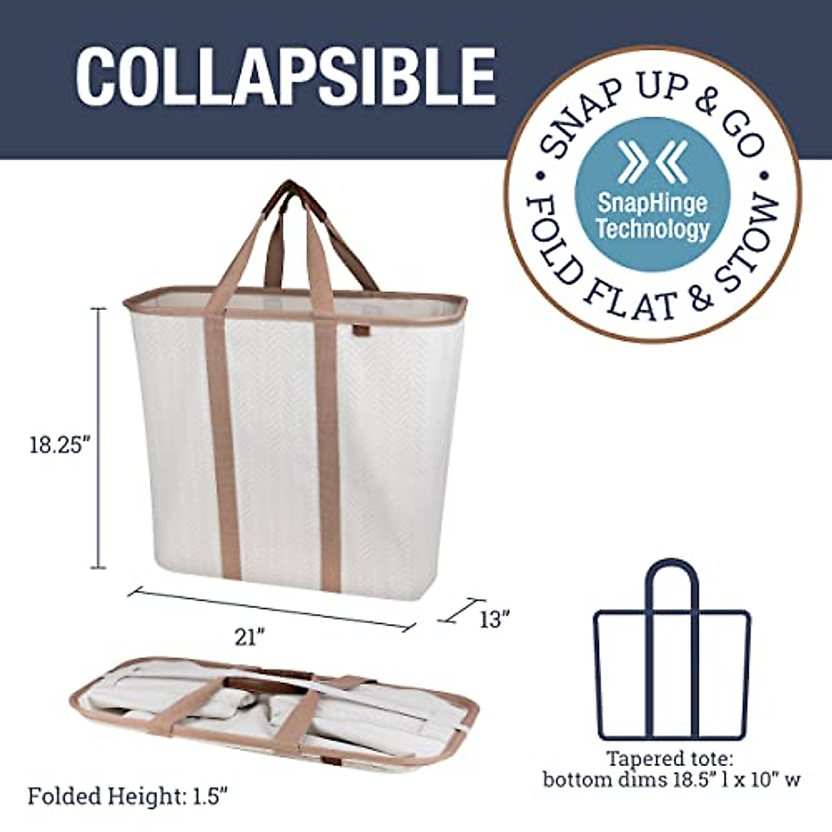 CleverMade Collapsible Laundry Basket, Premium Large Foldable Clothes Hamper, Laundry Tote Carry All Bin XL Pop-Up Caddy with Handles, 2 Pack, Cream Herringbone