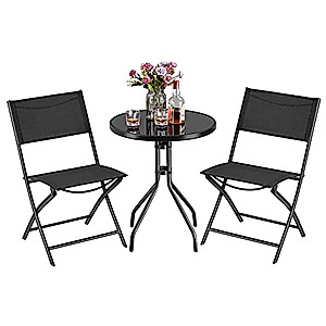 Yaheetech 3 Piece Patio Bistro Set, Outdoor Bistro Set w/2 Folding Chairs, Tempered Glass Table Top, Garden Backyard Dining Table Set All Weather Resistant Outdoor Furniture Set, Black
