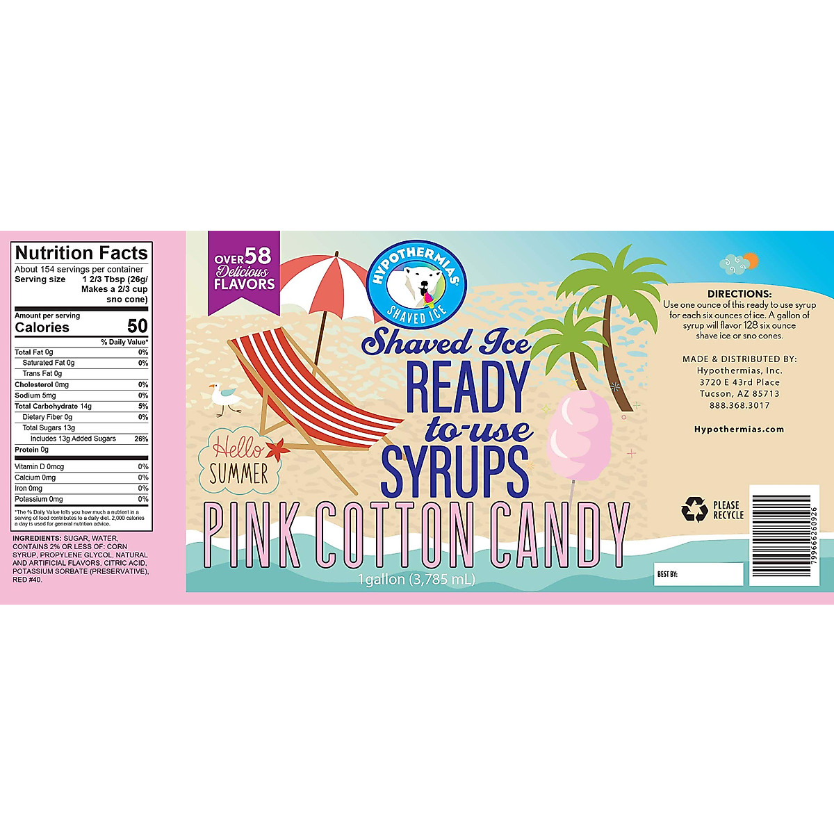 Hypothermias Pink Cotton Candy Ready to Use Gallon (128 Fl. Oz) Hawaiian Snow Cone Flavors Syrup - Shaved Ice, 100% Pure Cane Sugar