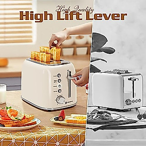 Aigostar Toaster 2 Slice, Retro Extra-Wide Slot Toasters Best Rated Prime for Toasting Bagels, Breads， Waffles & More, Cancel, Defrost & 6 Browning, Removable Crumb Tray, Stainless Steel, Cream White