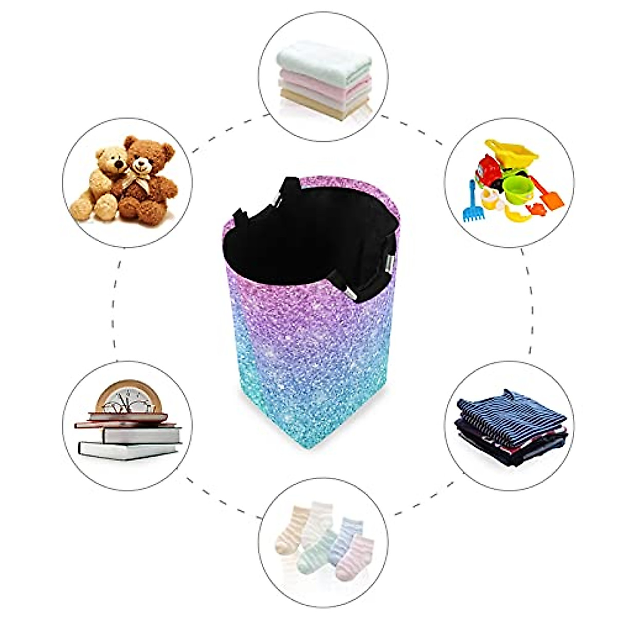 Multicolor Background Glitter Purple Blue Turquoise Gradient Laundry Hamper Basket Bucket, Foldable Dirty Clothes Bag, Waterproof Fabric Washing Bin, Toy Storage with Handles for Bathroom