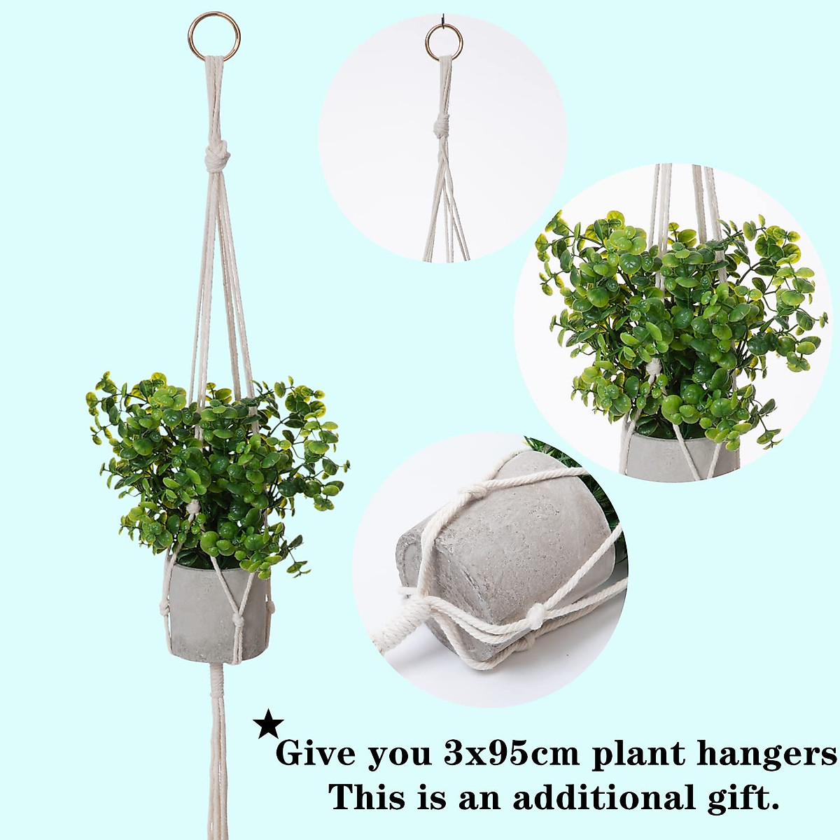 mizii 3 Pack Mini Potted Artificial Plants w/ 3 Plant Hangers,Eucalyptus Rosemary Fake Leaves Green for Indoor Home Room Shelf Kitchen Balcony Garden Wedding Decor