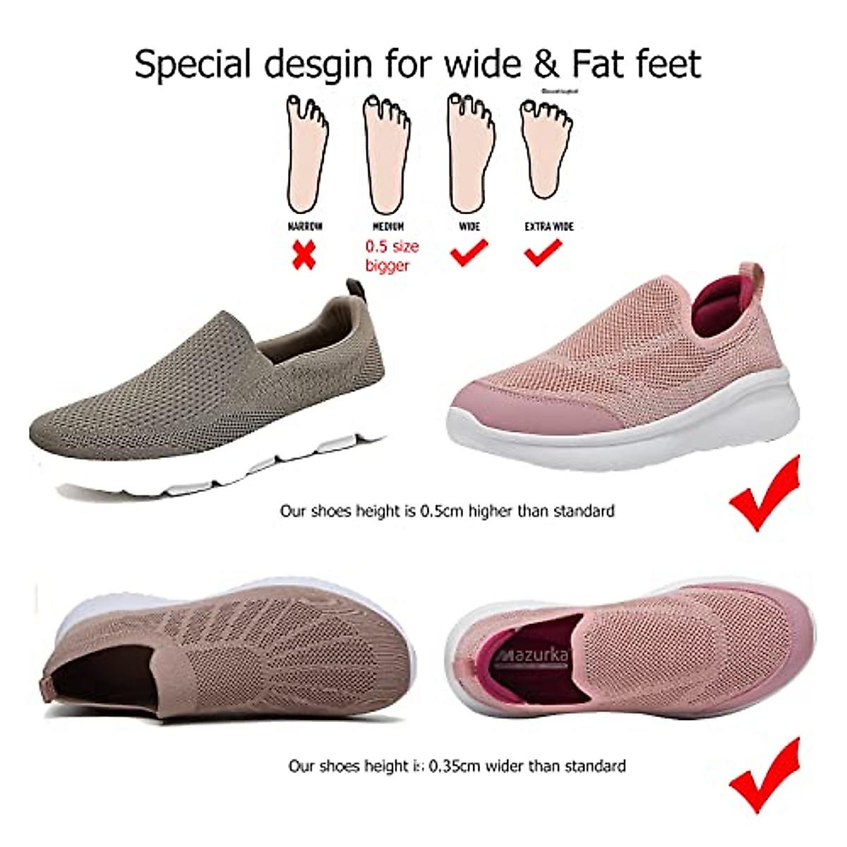 MAZURKA Shoes for Women Slip On Womens Women's Sneakers Wide Woman Walking Slip-On Black White Pink Grey Tan Width Wide Comfortable Fashion Athletic Soft Breathe Summer (Pink,Us Women Size 7)