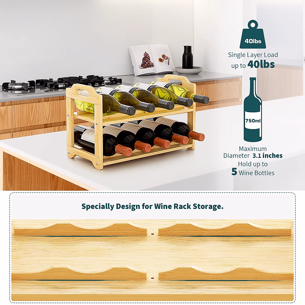 KOK KAY Water Bottle Organizer, Stackable Wine Rack Storage, 2 Layers Holds up to 10 Bottles, Adjustable Bamboo Water Bottle Storage Organizer Rack