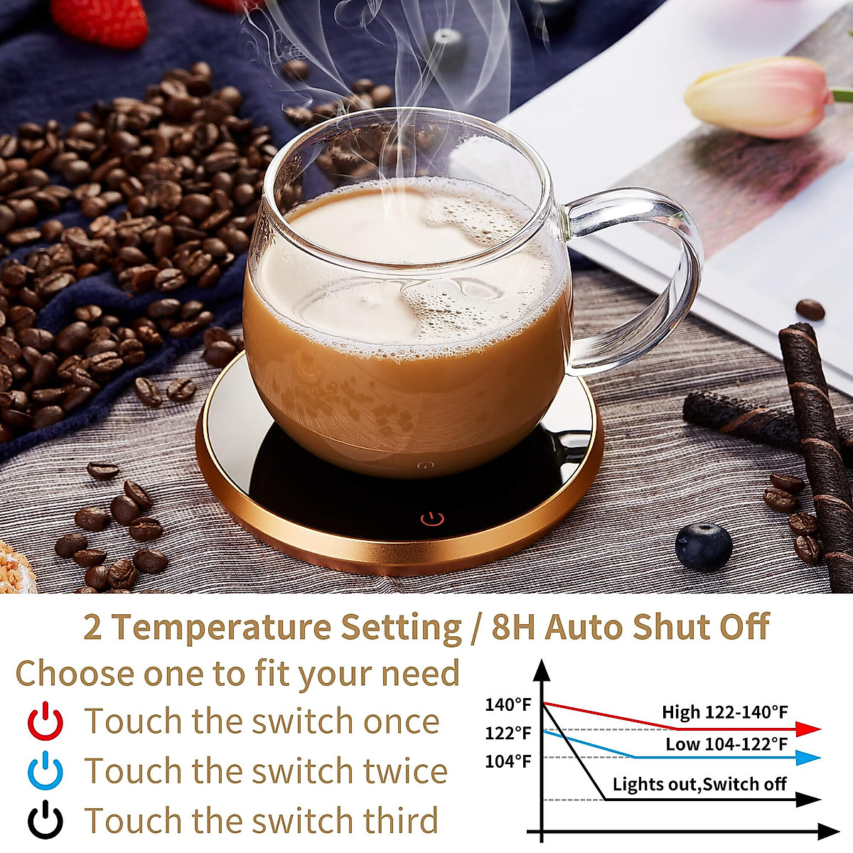 Coffee Mug Warmer for Desk 8H Auto Shut Off, Smart Coffee Cup Warmer with 2 Temperature Setting, Electric Mug Warmer Plate for Coffee, Milk, Tea (Black Gold)