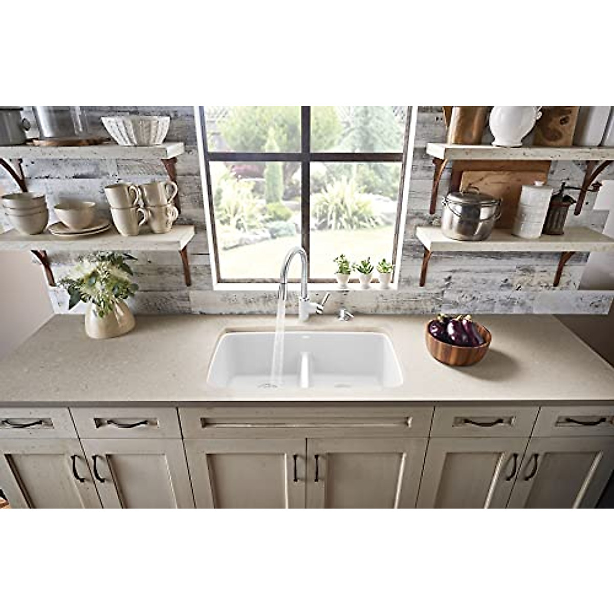 BLANCO, White 442199 VALEA SILGRANIT 50/50 Double Bowl Undermount Kitchen Sink with Low Divide, 32" X 19"