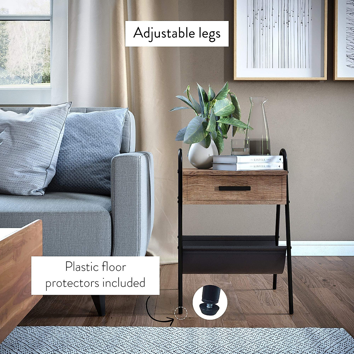 Nathan James Hugo Wood Nightstand, Rustic Accent End or Side Table with Drawer, Durable Black Metal Frame & Leather Hammock, Brown