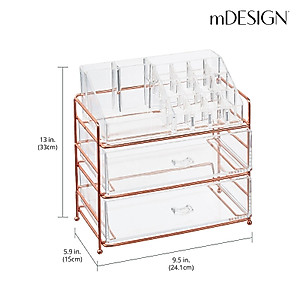 mDesign Plastic Cosmetic Storage Organizer Station with 2 Drawers and 16 Divided Sections for Bathroom, Cabinet, Vanity, Countertop - Holds Makeup Palettes, Brushes, Blush, Mascara - Rose Gold/Clear