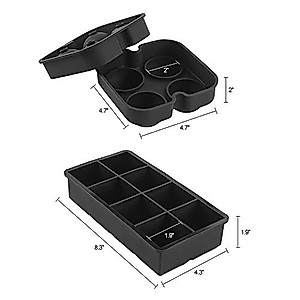 CHIYAN Ice Cube Trays Silicone Mold - Easy Release Ice Cube Molds Sphere Ice Ball Maker with Removable Lid and Large Square Ice Molds Reusable and BPA Free for Whiskey and Cocktails, Set of 3, Black