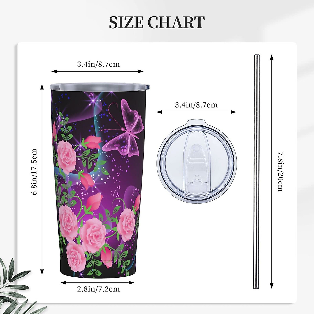 Dujiea 20oz Tumbler With Lid And Straw, Flowers Smoke And Butterfly Vacuum Insulated Iced Coffee Mug Reusable Travel Cup Stainless Steel Water Bottle