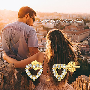 SISGEM 14K Real Gold Heart Stud Earrings with Cubic Zirconia Love heart Earring Stud Earring for Women Wife Best Birthday Gift Always Wear (Yellow Gold)