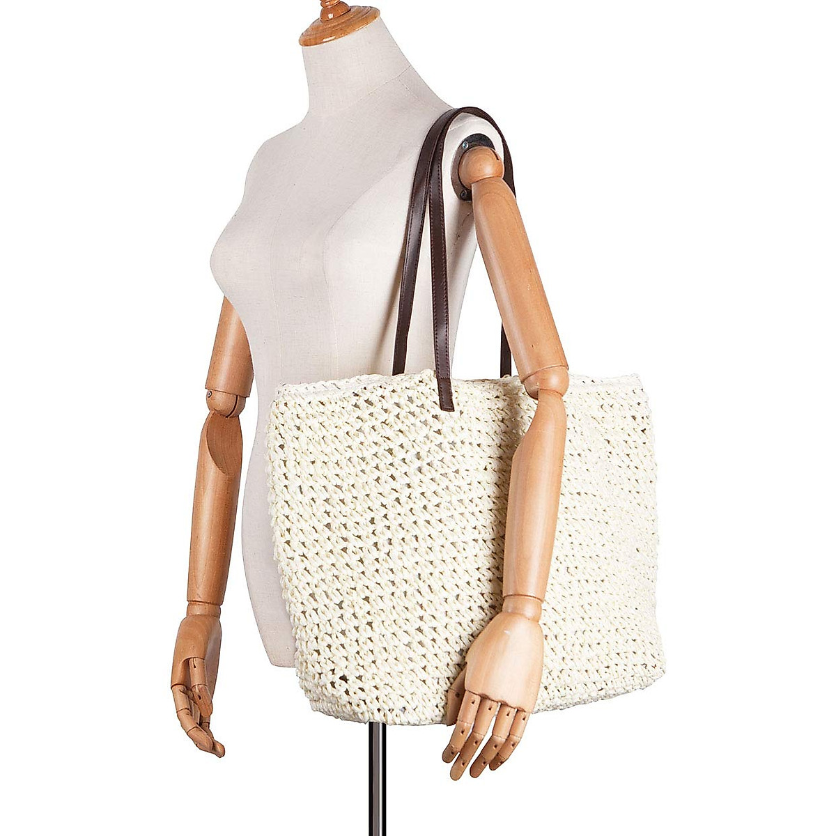 ilishop Women's Classic Woven Straw Tote Summer Beach Weaving Handbag Shoulder Bag (White)